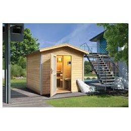 Saunahaus Karibu "»Bosse 1« mit Vorraum und Milchglastür, naturbelassen", beige (naturbelassen), Saunaofen, externe Steuerung, (ohne Ofen), Saunen, 9 KW Ofen mit externe Steuerung easy