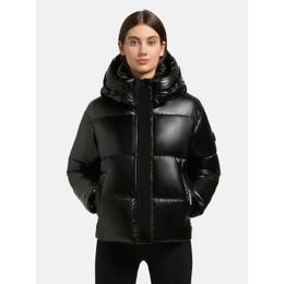 Steppjacke Khujo "Devina Shiny-YM", Damen, Gr. L (40), schwarz, Obermaterial: 50% Polyurethan, 50% Polyester, Futter: 100% Nylon, Wattierung: 100% Polyester, weit hüftbedeckend, hoch geschlossener Ausschnitt, Ärmel ohne Ärmelschlitz normaler Saum, Jacken, Glänzende kurze Winterjacke für Damen