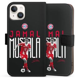 DeinDesign iPhone 14 Handy Klapph&uuml;lle Handyh&uuml;lle aus Kunst Leder schwarz Flip Case Fc Bayern M&uuml;nchen Jamal Musiala Official Licensed Product Sideflip mit Lasche
