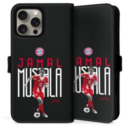 DeinDesign iPhone 16 Pro Handy Klapph&uuml;lle Handyh&uuml;lle aus Kunst Leder schwarz Flip Case Fc Bayern M&uuml;nchen Jamal Musiala Official Licensed Product Sideflip mit 