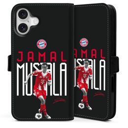 DeinDesign iPhone 16 Plus Handy Klapph&uuml;lle Handyh&uuml;lle aus Kunst Leder schwarz Flip Case Fc Bayern M&uuml;nchen Jamal Musiala Official Licensed Product Sideflip mit 