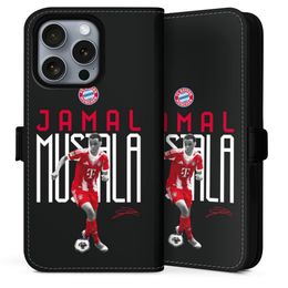 DeinDesign iPhone 16 Pro Max Handy Klapph&uuml;lle Handyh&uuml;lle aus Kunst Leder schwarz Flip Case Fc Bayern M&uuml;nchen Jamal Musiala Official Licensed Product Sideflip mit