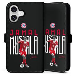 DeinDesign iPhone 16 Handy Klapph&uuml;lle Handyh&uuml;lle aus Kunst Leder schwarz Flip Case Fc Bayern M&uuml;nchen Jamal Musiala Official Licensed Product Sideflip mit Lasche
