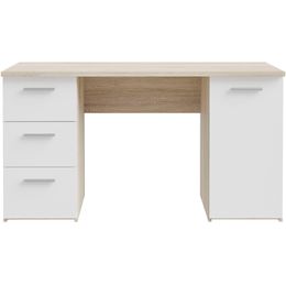 Schreibtisch FORTE "Neuss", weiß (sonoma eiche, weiß, stauraum, sonoma eiche, sonoma eiche), B:138,2cm H:75,3cm T:60cm, Tische, mit 3 Schubladen & 1 Tür, funktional, Breite 138 cm