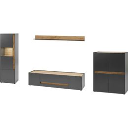 Wohnwand Inosign "Giron", grau (grau, wotan eiche), B:350cm H:155cm T:45cm, Holzwerkstoff, Kastenmöbel-Sets, Moderne Wohnwand Wohnwand