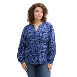 Langarmbluse Tom Tailor PLUS, Damen, Gr. 52, blau (navy watercolor squares design), Web, Obermaterial: 100% Viskose, gemustert, loose fit hüftbedeckend, V-Ausschnitt, 1-Knopf-Manschette, Blusen, mit Allover-Print