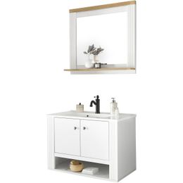 Badmöbel-Set Home Affaire "WESTMINSTER, Bad im Landhausstil, 2-teiliges Badezimmer", weiß (pinie weiß dekor), B:80cm H:200cm T:44cm, Kastenmöbel-Sets, Hänge-Waschtisch, Spiegel mit Ablage, in 2 Farben, Breite 80 cm
