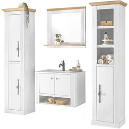 Badmöbel-Set Home Affaire "WESTMINSTER, Bad im Landhausstil, 4-teiliges Badezimmer", weiß (pinie weiß dekor), B:220cm H:203cm T:46cm, Kastenmöbel-Sets, Hänge-Waschtisch, Spiegel, 2 Hochschränke, in 2 Farben, Breite 220 cm