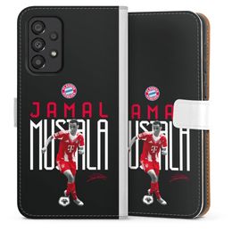 DeinDesign Galaxy A33 5G Handy Klapph&uuml;lle Handyh&uuml;lle aus Kunst Leder wei&szlig; Flip Case Official Licensed Product Jamal Musiala Fc Bayern M&uuml;nchen Sideflip mit Lasche