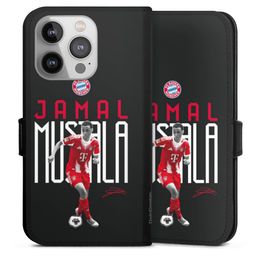 DeinDesign iPhone 14 Pro Handy Klapph&uuml;lle Handyh&uuml;lle aus Kunst Leder schwarz Flip Case Fc Bayern M&uuml;nchen Jamal Musiala Official Licensed Product Sideflip mit 
