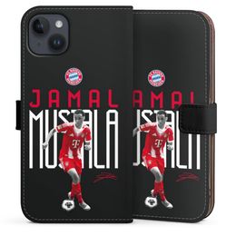 DeinDesign iPhone 14 Plus Handy Klapph&uuml;lle Handyh&uuml;lle aus Kunst Leder schwarz Flip Case Fc Bayern M&uuml;nchen Jamal Musiala Official Licensed Product Sideflip mit 
