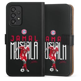 DeinDesign Galaxy A33 5G Handy Klapph&uuml;lle Handyh&uuml;lle aus Kunst Leder schwarz Flip Case Official Licensed Product Jamal Musiala Fc Bayern M&uuml;nchen Sideflip mit 
