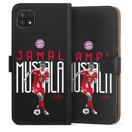 DeinDesign Galaxy A22 5G Handy Klapph&uuml;lle Handyh&uuml;lle aus Kunst Leder schwarz Flip Case Official Licensed Product Jamal Musiala Fc Bayern M&uuml;nchen Sideflip mit 
