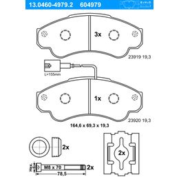 ATE Bremsbelagsatz, Scheibenbremse vorne rechts links mit Zubeh&ouml;r f&uuml;r PEUGEOT FIAT CITRO&Euml;N 9949362 77364859 77362216 13.0460-4979.2