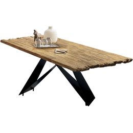 Esstisch Sit, natur, schwarz, schwarz, natur, B:220cm H:76,4cm T:100cm, recyceltes Teak, Metall (Eisen), Tische, Bruchkante an den kurzen Seiten