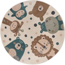 Kinderteppich Hanse Home "Adventures Animal Party", bunt (creme,braun,blau), H:8mm &Oslash;:140cm, Polypropylen, Teppiche, Kinderteppich, Spielteppich, fest, Kinderzimmer, Kurzflor, Spielunterlage