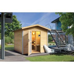 Karibu Saunahaus &raquo;&raquo;Bosse 1&laquo; mit Vorraum und Milchglast&uuml;r, naturbelassen&laquo; Set, 9 KW Ofen mit externe Steuerung easy beige
