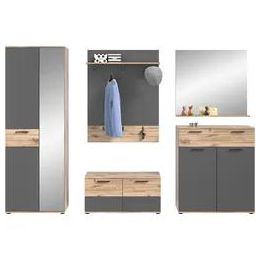 Garderoben-Set Home Affaire "Riga, Breite 280 cm, hochwertige Rillenfr&auml;sung, 5-teilig, best. aus:", grau (nox oak nb, basalt grau nb, nox oak mdf tz), B:280cm H:200cm T:38cm, Kastenm&ouml;bel-Sets, Garderobenschrank, Sitzbank, Paneel, Garderobenspiegel, Schuhkommode