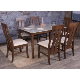 6er-Set Esszimmerstuhl HWC-M58, Küchenstuhl Lehnstuhl Stuhl, Stoff/Textil Massiv-Holz ~ dunkles Gestell, creme