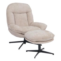 Relaxsessel mit Hocker HWC-P32, Fernsehsessel Nosagfederung, drehbar Metall Stoff/Textil Chenille (370 g/m²) ~ creme