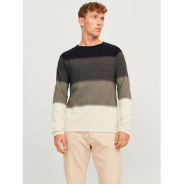 Jack & Jones Rundhalspullover JACK & JONES "JJEHILL KNIT CREW NECK NOOS", Herren, Gr. M, grau (mulch detail:light braun gradient), Strick, Obermaterial: 100% Baumwolle, mehrfarbig, regular fit taillenbedeckt, Rundhals, gerader Abschluss, Pullover, mit Strukturstrick
