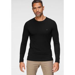 Langarmshirt Tommy Hilfiger "STRETCH SLIM FIT LONG SLEEVE", Herren, Gr. XL (54), schwarz, Single Jersey, Obermaterial: 96% Baumwolle, 4% Elasthan, bestickt, unifarben, schmal hüftbedeckend, Rundhals, abgesteppt, Shirts, aus Baumwollstretch