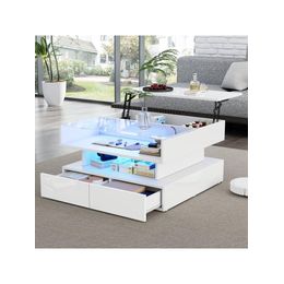 ABRIHOME Couchtisch Höhenverstellbarer mit Stauraum und LED in Weiß, 80*80*45cm | Gr.: onesize