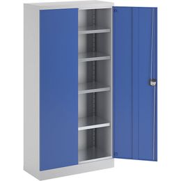 eurokraft basic Stahlschrank Nilas, mit 4 Fachböden, HxBxT 1830 x 915 x 421 mm, lichtgrau / enzianblau