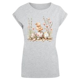 F4NT4STIC Extended Shoulder T-Shirt Ostern Küken Ei Blumen in grau meliert | Gr.: M
