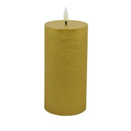 LED Stumpenkerze Winter Echtwachs gold metallic rustic 7,5x15cm 3D-Flamme warmwei&szlig;