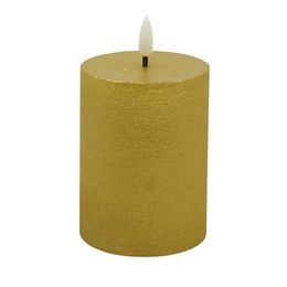 LED Stumpenkerze Winter Echtwachs gold metallic rustic 7,5x10cm 3D-Flamme warmwei&szlig;
