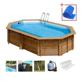 Achteckpool GRE "SAFRAN 2 mit Edelstahlleiter", braun, B:395cm H:136cm L:620cm, Schwimmbecken, Kiefernholz, BxLxH: 395x620x136 cm