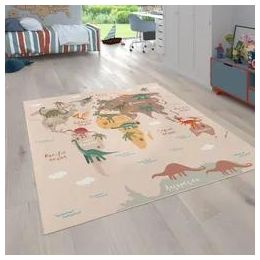 Kinderteppich Paco Home "Bino 583", beige, B:160cm H:4mm L:220cm, Polyester, Teppiche, Kinderteppich, Spielteppich, Motiv Weltkarte & Dinosaurier, Kinderzimmer