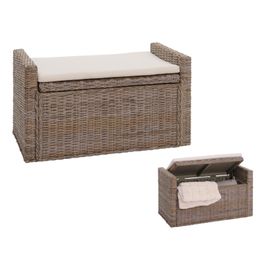 MCW Sitzbank Genua Garderobenbank Bank Sitzhocker, mit Stauraum Kissen Kubu Rattan 88cm ~ grau-braun