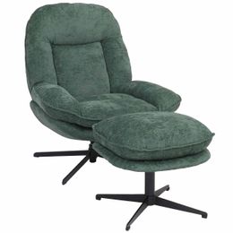 Relaxsessel mit Hocker HWC-P32, Fernsehsessel Nosagfederung, drehbar Metall Stoff/Textil Chenille (370 g/m²) ~ grün