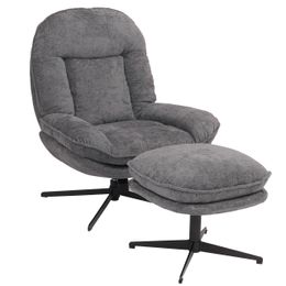 Relaxsessel mit Hocker HWC-P32, Fernsehsessel Nosagfederung, drehbar Metall Stoff/Textil Chenille (370 g/m²) ~ grau