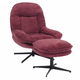 Relaxsessel mit Hocker HWC-P32, Fernsehsessel Nosagfederung, drehbar Metall Stoff/Textil Chenille (370 g/m²) ~ beere