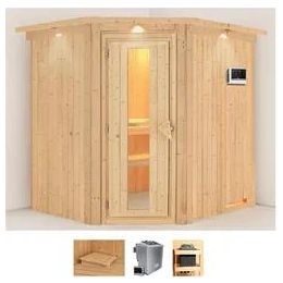 Sauna Karibu "Siirin", beige (naturbelassen), Bio-Kombiofen, externe Steuerung, 9 kW, Saunen, Ofen 9 kW Bio externe Strg easy