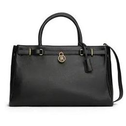 Tragetasche Tommy Hilfiger "AMERICAN ICON TOTE LEATHER", Damen, Gr. B/H/T: 39cm x 24cm x 17cm, schwarz, Leder, Taschen, Damen Handtasche, Schultertasche mit TH-Schlo&szlig;-Schmuckelement