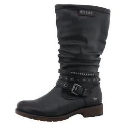 Winterstiefel Mustang SHOES "Elfi", Damen, Gr. 37, Normalschaft, blau (navy), Lederimitat, Basic, Schuhe Winterstiefel, Stiefel mit Zierriemchen und Blockabsatz