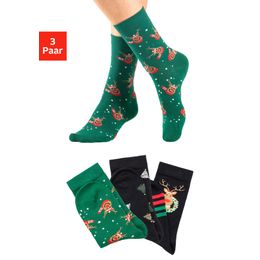H.I.S. Basicsocken H.I.S, Damen, Gr. 39-42, schwarz (1x grün, 2x schwarz), Baumwollmischung, elastisch, Socken, Weihnachten, mit weihnachtlichen Motiven