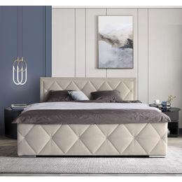 Boxbett LEONIQUE "Alfie, Topseller Inkl. Bettkasten&Topper", beige, L:211cm, Holzwerkstoff, Spanplatte, Komplettbetten, Wahlweise mit Knopfsteppung oder Strasssteinen, H2, H3 und H4 wählbar, Topseller
