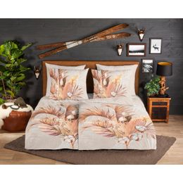 Wendebettwäsche Good Morning "Gia", beige (sand), B/L: 155cm x 220cm, 1 Stk., 1 Stk., Biber, B/L: 80cm x 80cm, 2 Stk., Biber, Obermaterial: 100% Baumwolle, Bettwäsche, Biber, 135x200, Warm, Weich, Wendeoptik, Reißverschluss, Blumen, Sand