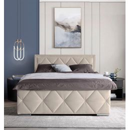 Boxbett LEONIQUE "Alfie, Topseller Inkl. Bettkasten&Topper", beige, L:211cm, Holzwerkstoff, Spanplatte, Komplettbetten, Wahlweise mit Knopfsteppung oder Strasssteinen, H2, H3 und H4 wählbar, Topseller