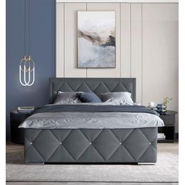 Boxbett LEONIQUE "Alfie, Topseller Inkl. Bettkasten&Topper", grau (anthrazit), L:211cm, Holzwerkstoff, Spanplatte, Komplettbetten, Wahlweise mit Knopfsteppung oder Strasssteinen, H2, H3 und H4 wählbar, Topseller