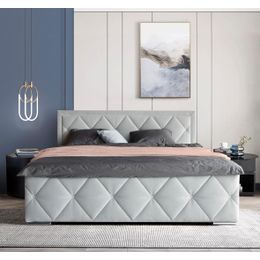 Boxbett LEONIQUE "Alfie, Topseller Inkl. Bettkasten&Topper", grau (hellgrau), L:211cm, Holzwerkstoff, Spanplatte, Komplettbetten, Wahlweise mit Knopfsteppung oder Strasssteinen, H2, H3 und H4 wählbar, Topseller