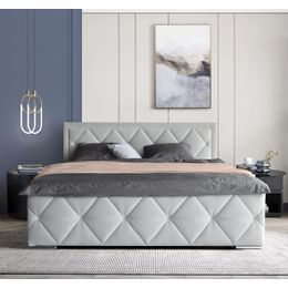 Boxbett LEONIQUE "Alfie, Topseller Inkl. Bettkasten&Topper", grau (hellgrau), L:211cm, Holzwerkstoff, Spanplatte, Komplettbetten, Wahlweise mit Knopfsteppung oder Strasssteinen, H2, H3 und H4 wählbar, Topseller