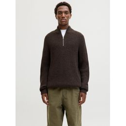 Jack & Jones Troyer JACK & JONES "JORBLEECKER KNIT HALF ZIP BF", Herren, Gr. M, mulch detail:schwarz, Strick, Obermaterial: 65% Polyacryl, 35% Baumwolle, unifarben, regular fit hüftlang, hoch geschlossener Ausschnitt, Rippbündchen, Pullover