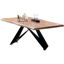 Esstisch Sit, natur, schwarz, schwarz, natur, B:200cm H:77cm T:100cm, Akazie, Metall (Eisen), Tische, mit Baumkante wie gewachsen