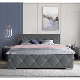 Boxbett LEONIQUE "Alfie, Topseller Inkl. Bettkasten&Topper", grau (anthrazit), L:211cm, Holzwerkstoff, Spanplatte, Komplettbetten, Wahlweise mit Knopfsteppung oder Strasssteinen, H2, H3 und H4 wählbar, Topseller